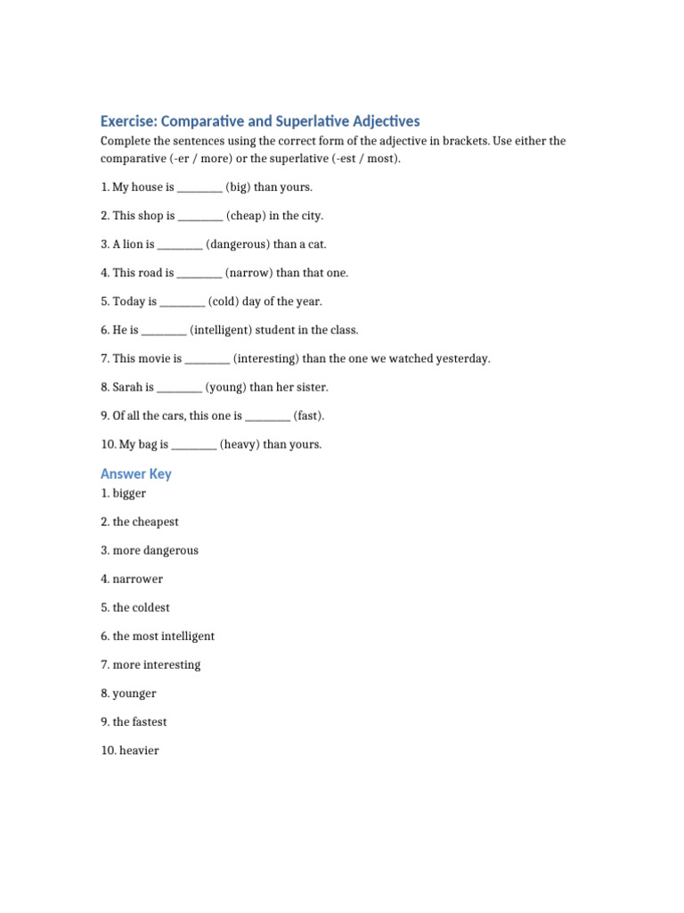 Comparative and Superlative Adjectives Exercise | PDF