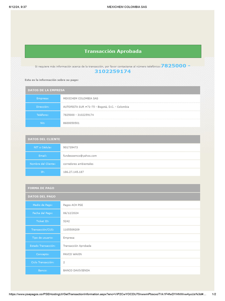 Transacción Aprobada Mexichem Colombia | PDF