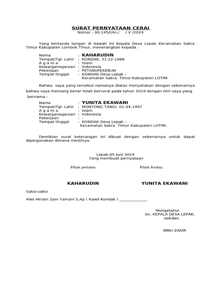 Surat Pernyataan Cerai Kaharudin-Yunita | PDF