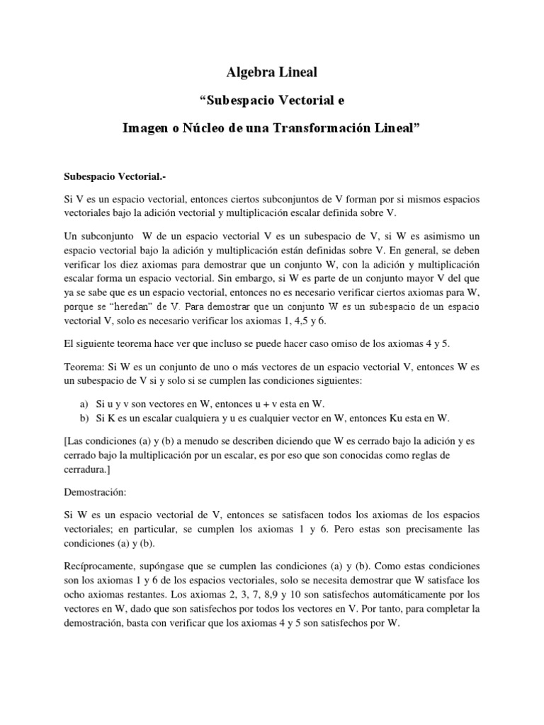 Subespacio Vectorial e Imagen o Nucleo de Una Transform A Ion Lineal | PDF | Espacio vectorial ...