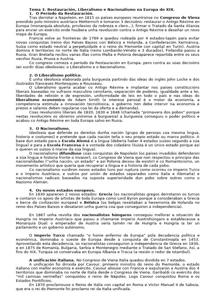 3. RESTAURACIÓN, LIBER E NACIONALISMO. TEMA CLASE 2025-2026. edixgal | PDF