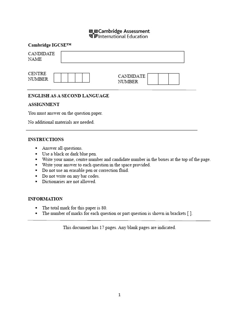Assignment For CIE ESL Students - Reading and Writing | PDF