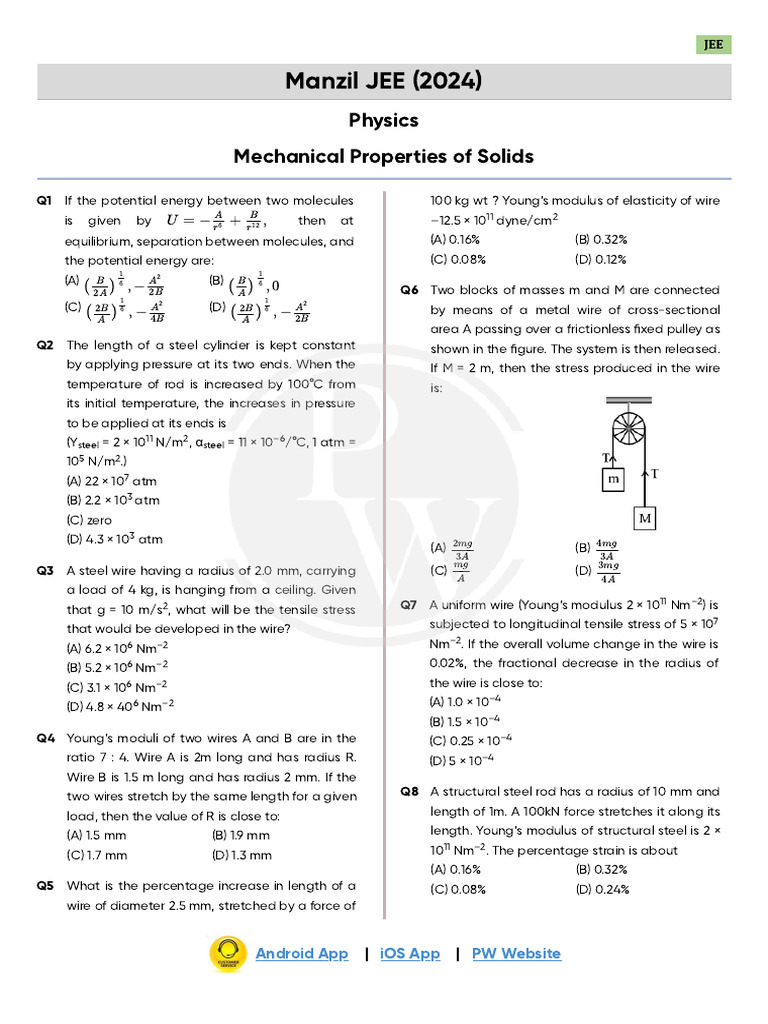 Mechanical Properties of Solids - Practice Sheet | PDF | Deformation ...
