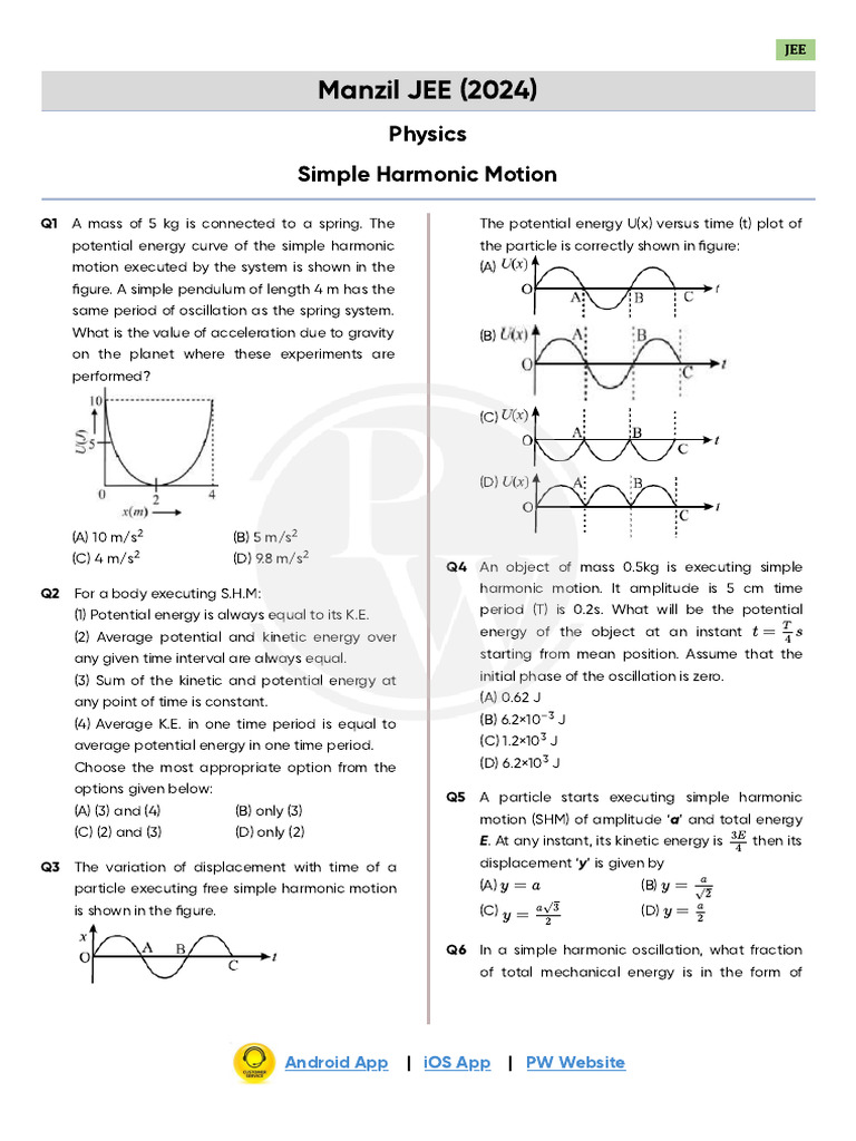 Simple Harmonic Motion - Practice Sheet | PDF | Oscillation | Physical Quantities