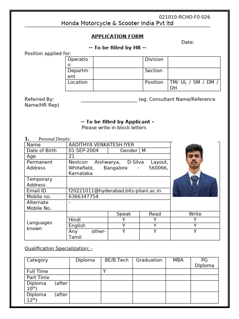 HMSI Application Form Blank (1) | PDF