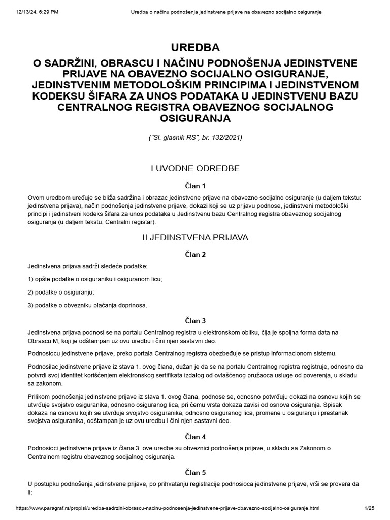 Uredba o Načinu Podnošenja Jedinstvene Prijave Na Obavezno Socijalno Osiguranje | PDF