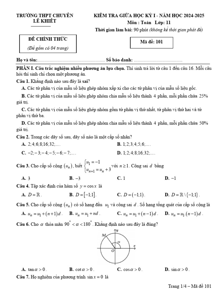 De Giua Ky 1 Toan 11 Nam 2024 2025 Truong Chuyen Le Khiet Quang Ngai | PDF