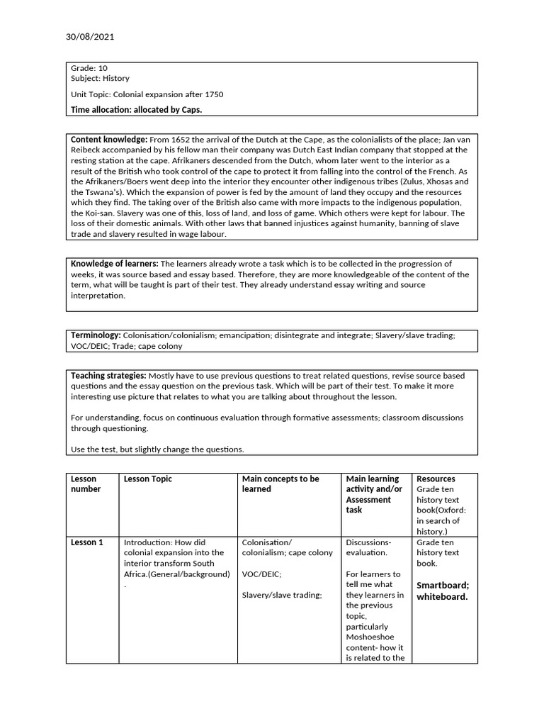 Grade 10 Unit Plan | PDF | Slavery | Colonialism