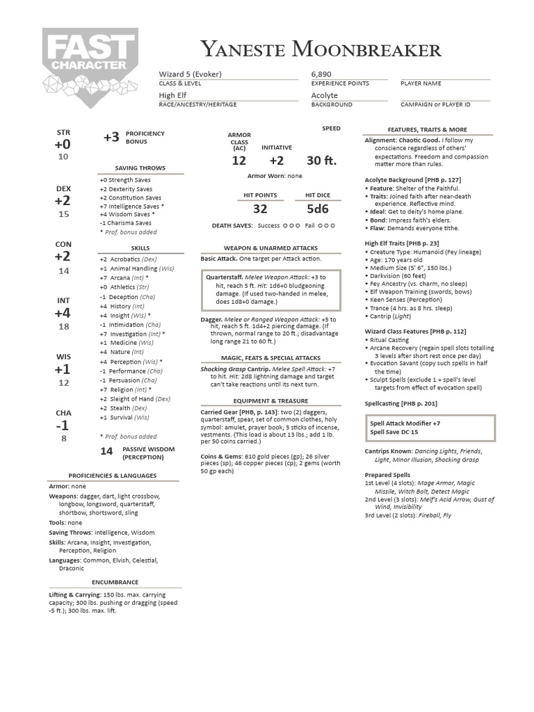 Yanesté Moonbreaker _ High Elf Wizard 5 (Evoker) _ PHB 2014 | PDF ...