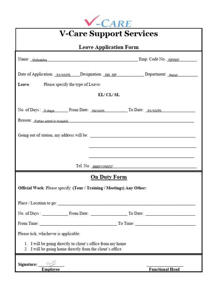 Leave Application Forms of V-Care 2 | PDF