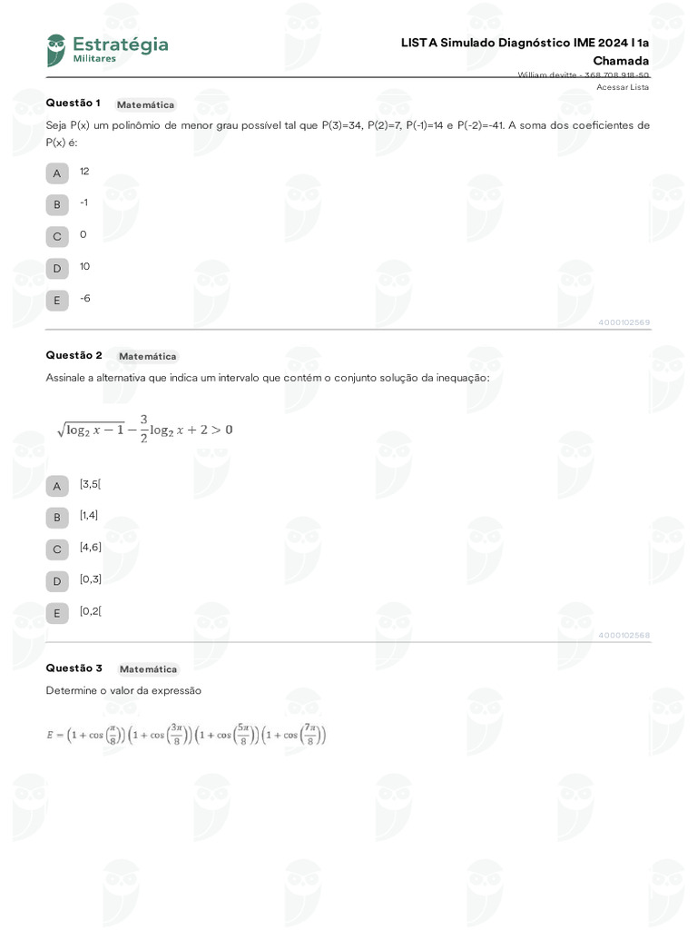 LISTA Simulado Diagnóstico IME 2024 I 1a | PDF | Ph | Massa
