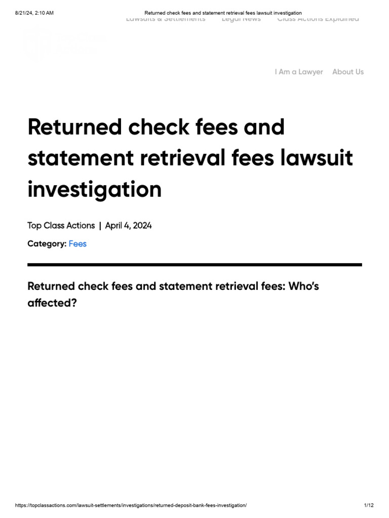Returned Check & Statement Fee Lawsuit | PDF | Fee | Banks