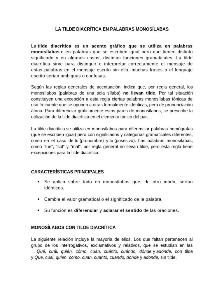 Tilde Diacrítica en Monosílabos | PDF | Gramática | Lingüística