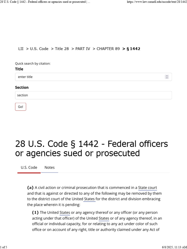 28 U.S. Code 1442 - Federal Officers or Agencies Sued or Prosecuted - U ...