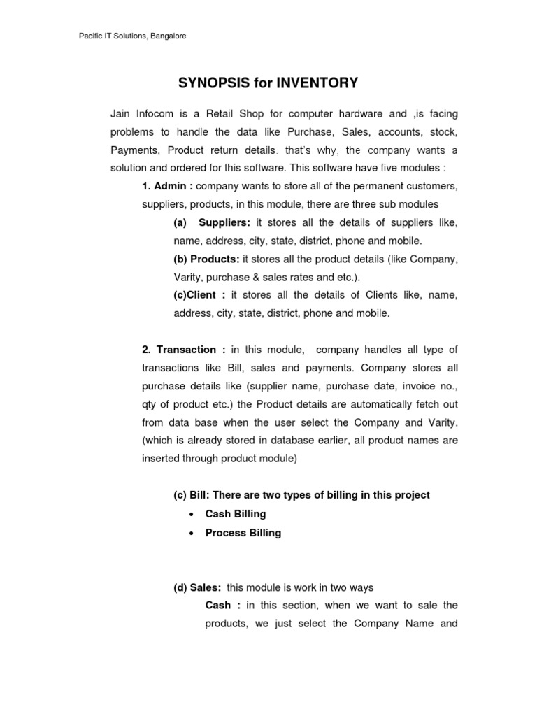 Synopsis For Inventory: Pacific IT Solutions, Bangalore | PDF | Invoice | Databases