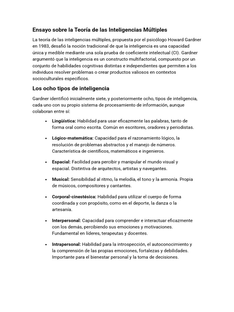 Ensayo Sobre Inteligencias Múltiples | PDF | Inteligencia | Ciencia cognitiva