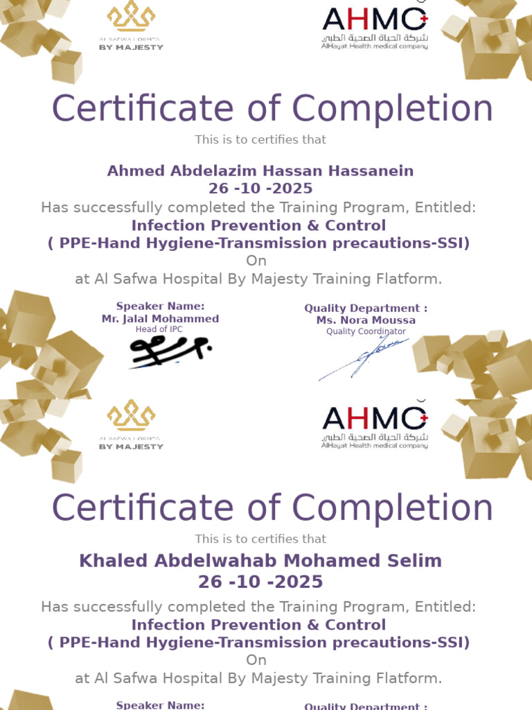 Certificate-Infection Prevention Control With Names | PDF