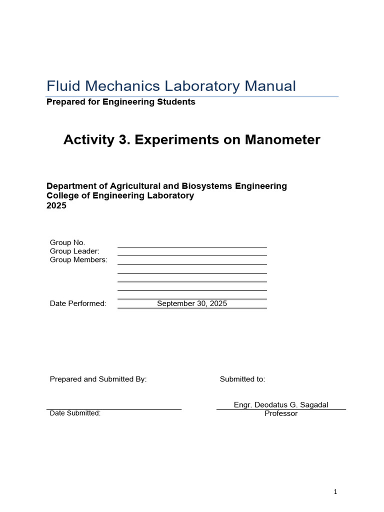 Lab Experiment No. 3 - Sept 30 2025 | PDF | Pressure Measurement | Pressure