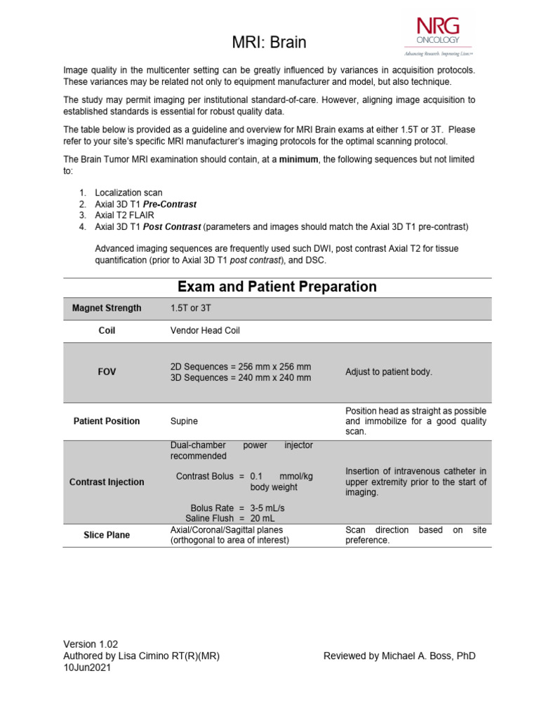MRI Brain Guidelines, V1.02 | PDF | Magnetic Resonance Imaging | Medical Imaging