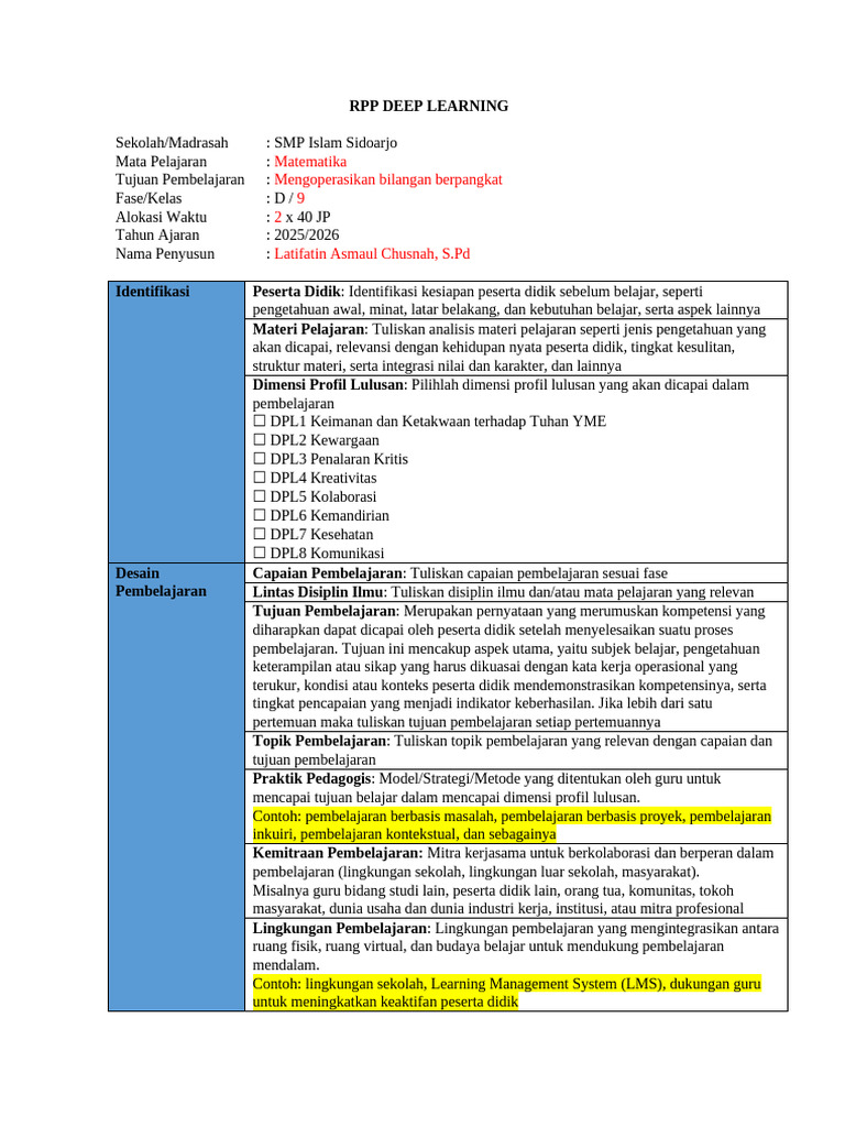 RPP Deep Learning Matematika SMP 9 | PDF