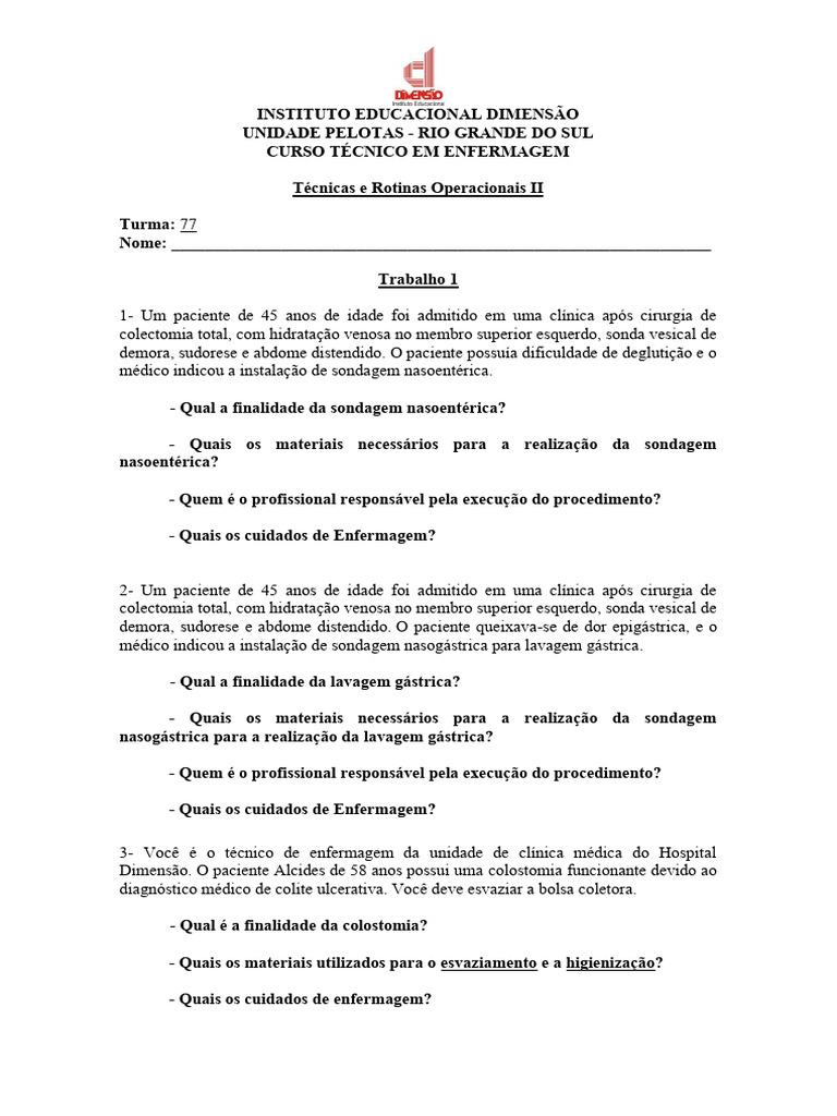 Trabalho 1 | PDF | Enfermagem | Remédio