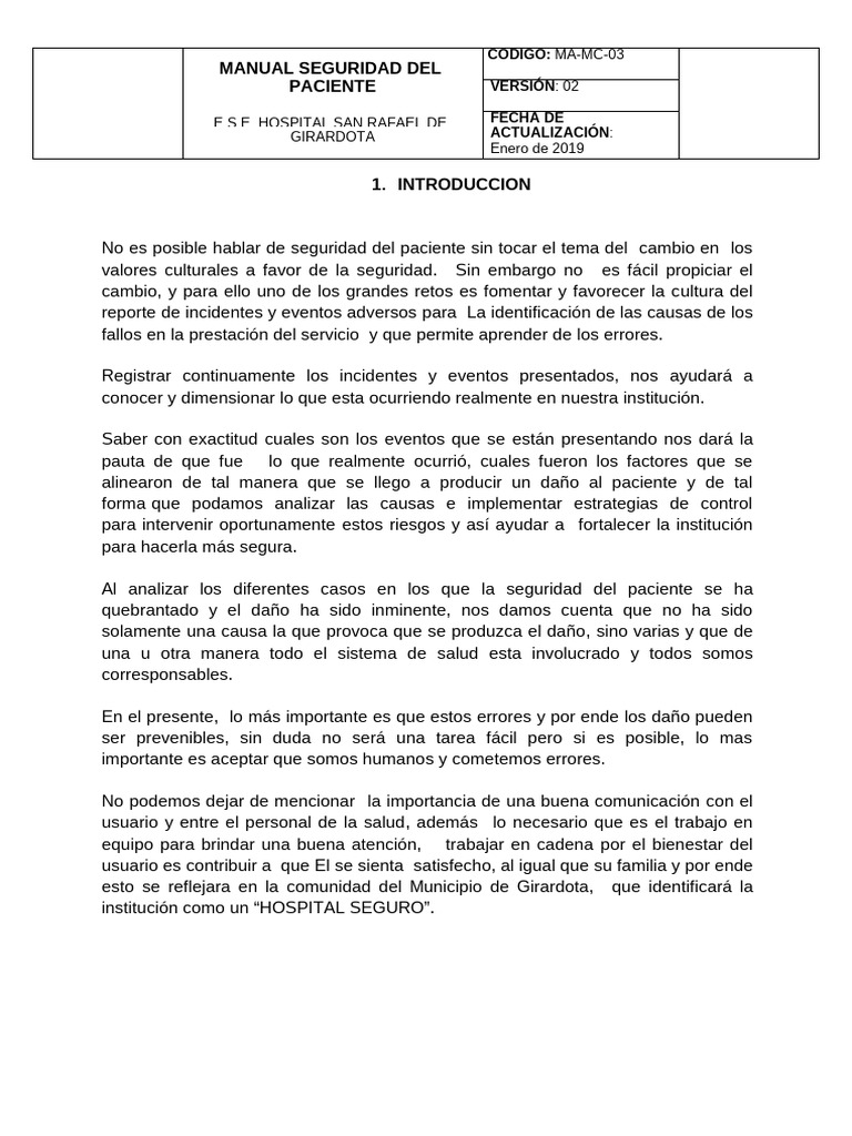 Manual de Seguridad del Paciente E.S.E. | PDF | Seguridad del paciente ...