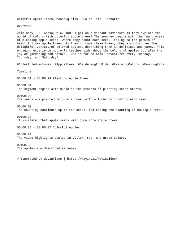 Colorful Apple Trees - Moonbug Kids - Color Time - Shorts - Summary | PDF