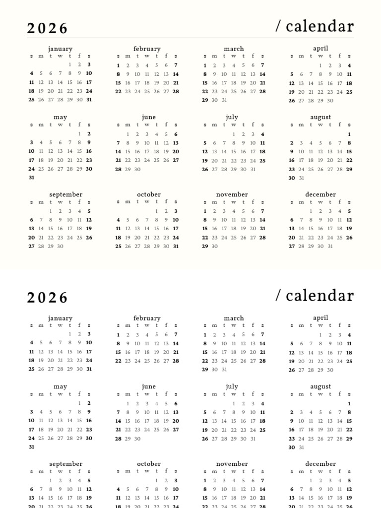 [Referencia #10] White Minimalist Annual 2026 Calendar Poster | PDF