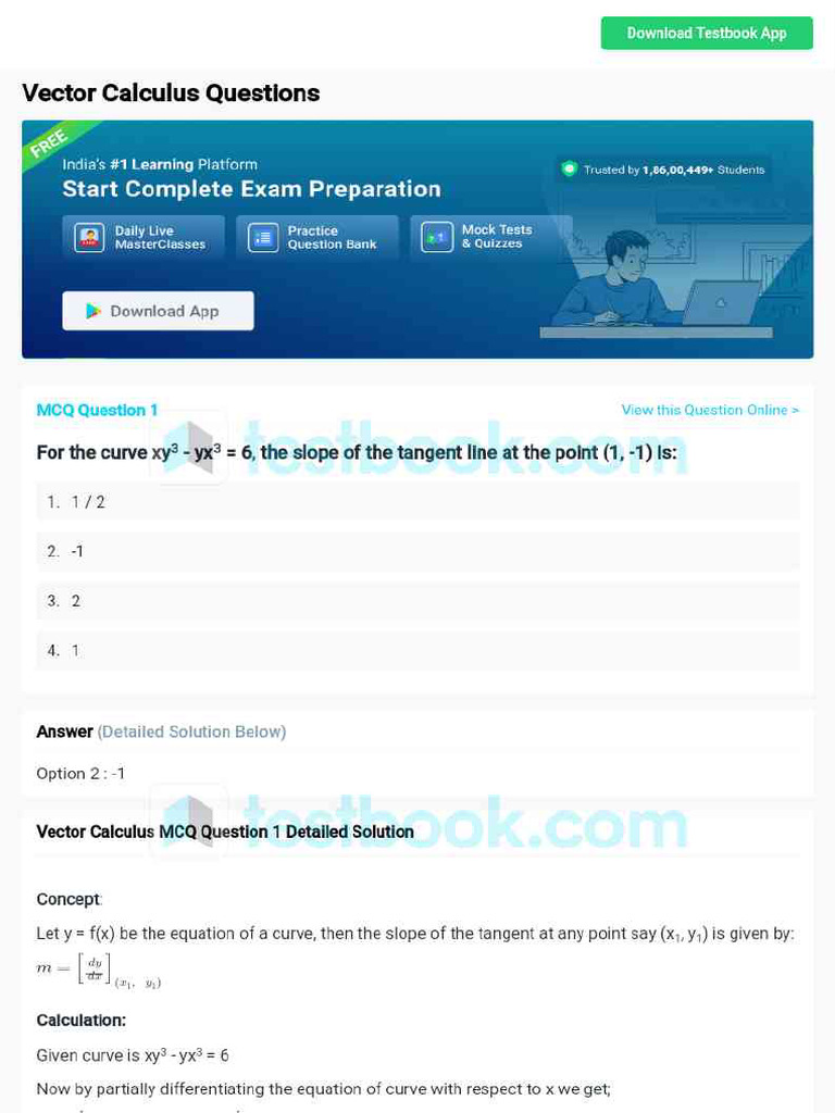 MCQ On Vector Calculus 5eea6a0b39140f30f369dd48 | PDF