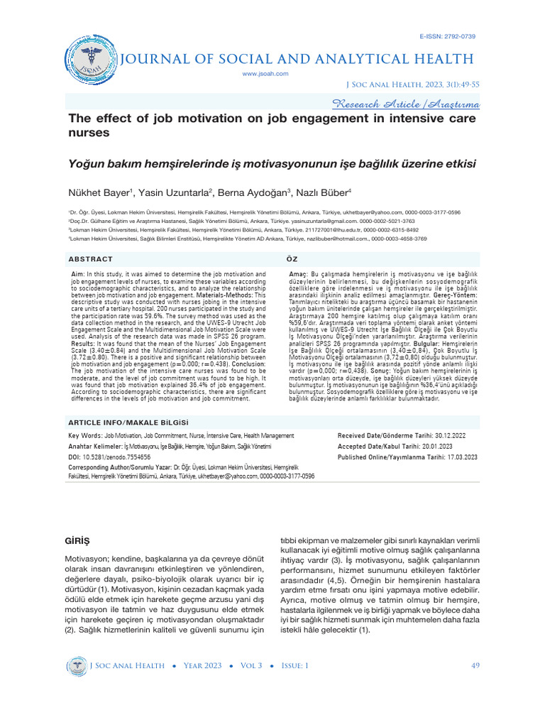 Journal of Socıal and Analytıcal Health: The Effect of Job Motivation ...