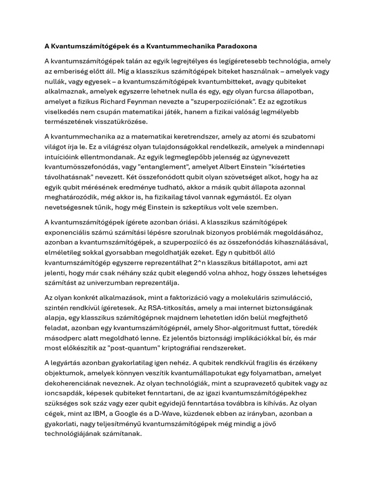 A Kvantumszámítógépek És A Kvantummechanika Paradoxona | PDF