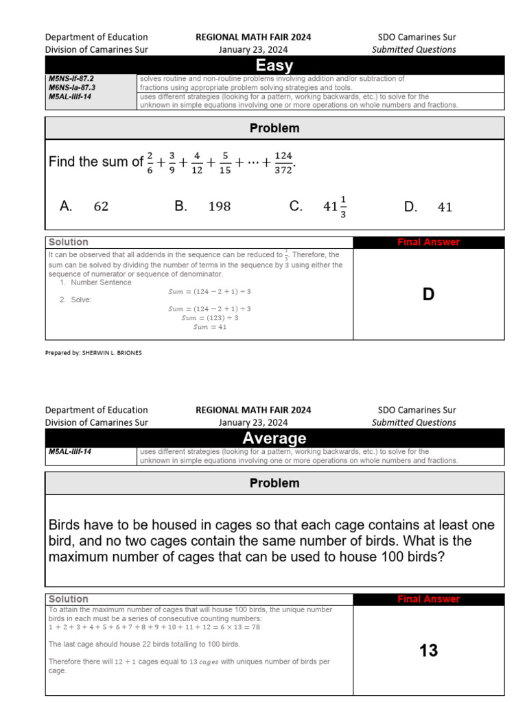 Math Fair 2024 Regional Level Problems | PDF | Numbers | Discrete ...