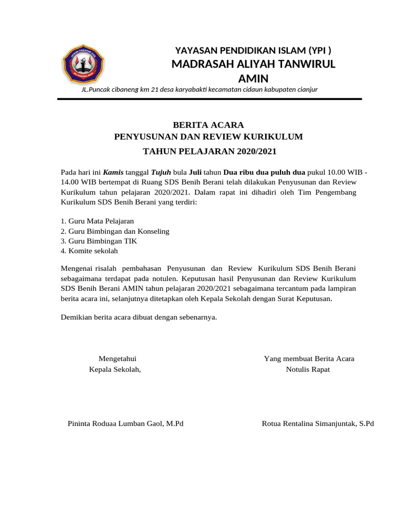 (123dok - Com) Berita Acara Penyusunan Dan Review Kurikulum | PDF