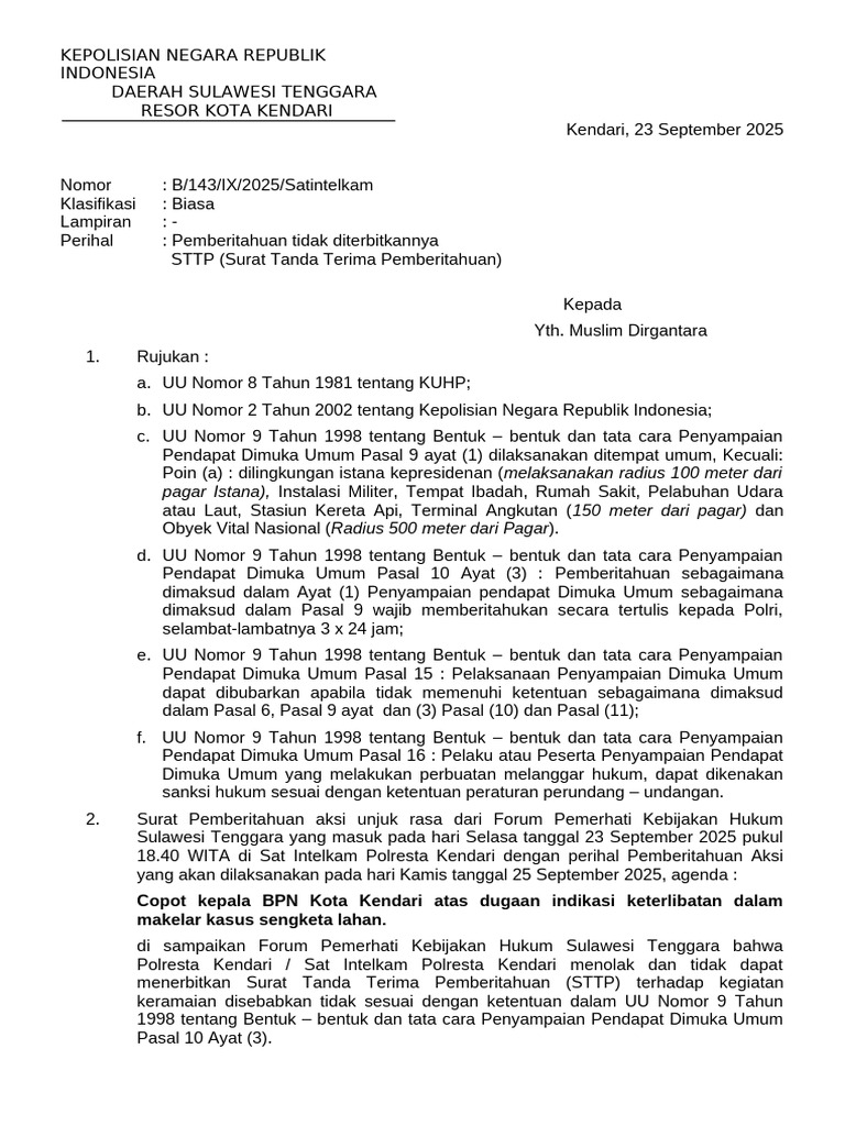 143 - Penolakan Surat Forum Pemerhati Kebijakan Hukum Sulawesi Tenggara ...