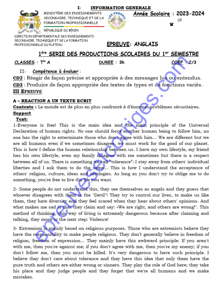 Anglais Tle A 1er Devoir Du 1er Semestre 2023-2024 Ceg1 Ikpinle | PDF | Extremism | Toleration