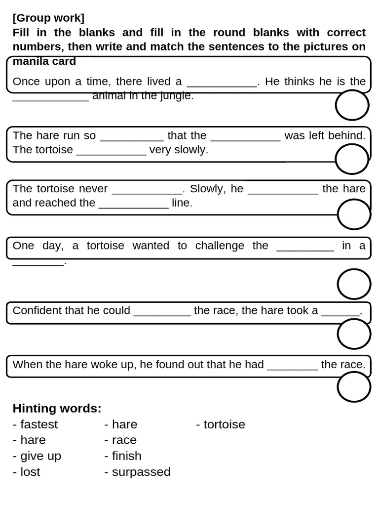 Hare and Turtle (Fill in The Blanks and Arrange The Sentences) | PDF