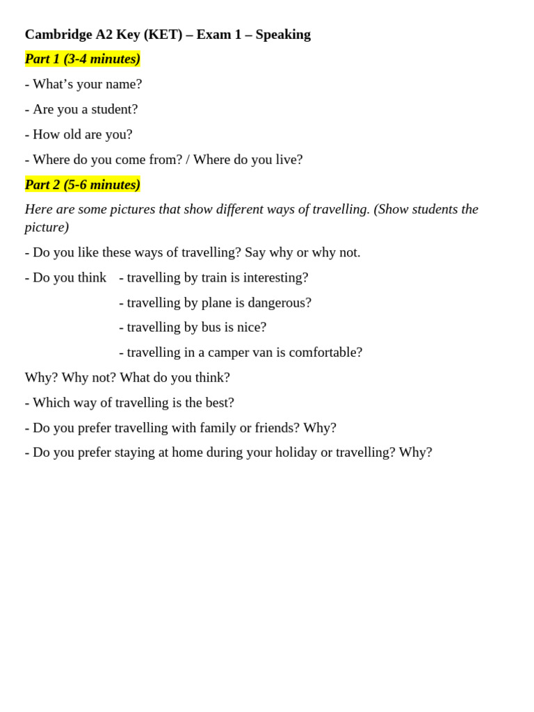 Cambridge A2 Key Speaking Exam Guide | PDF