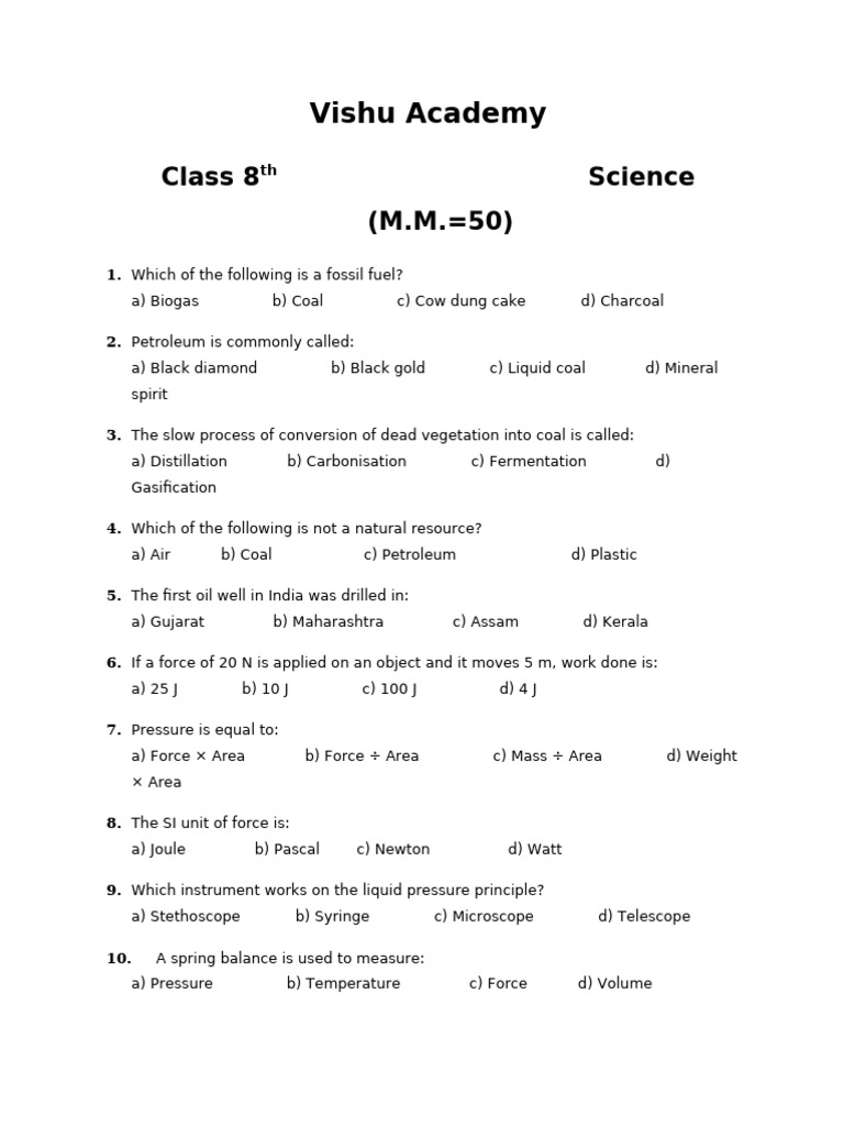 Make 50 Marks Mcqs Question Paper of Class 8th FR | PDF | Fires | Force