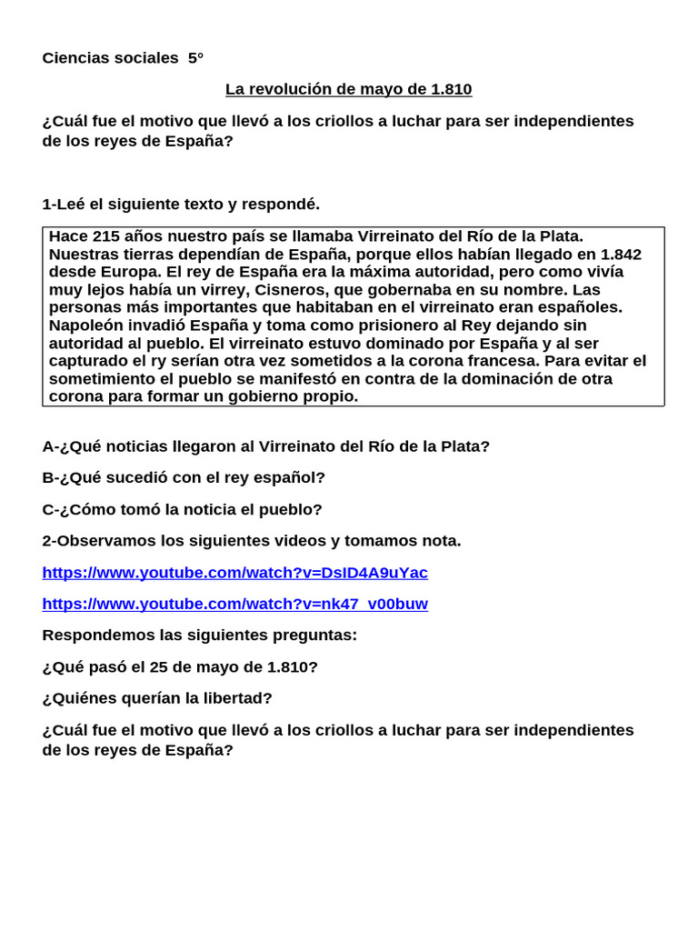 Ciencias sociales 5° Revolución de mayo | PDF