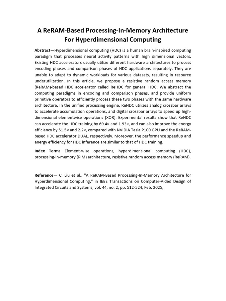 A Reram-Based Processing-In-Memory Architecture For Hyperdimensional Computing | PDF