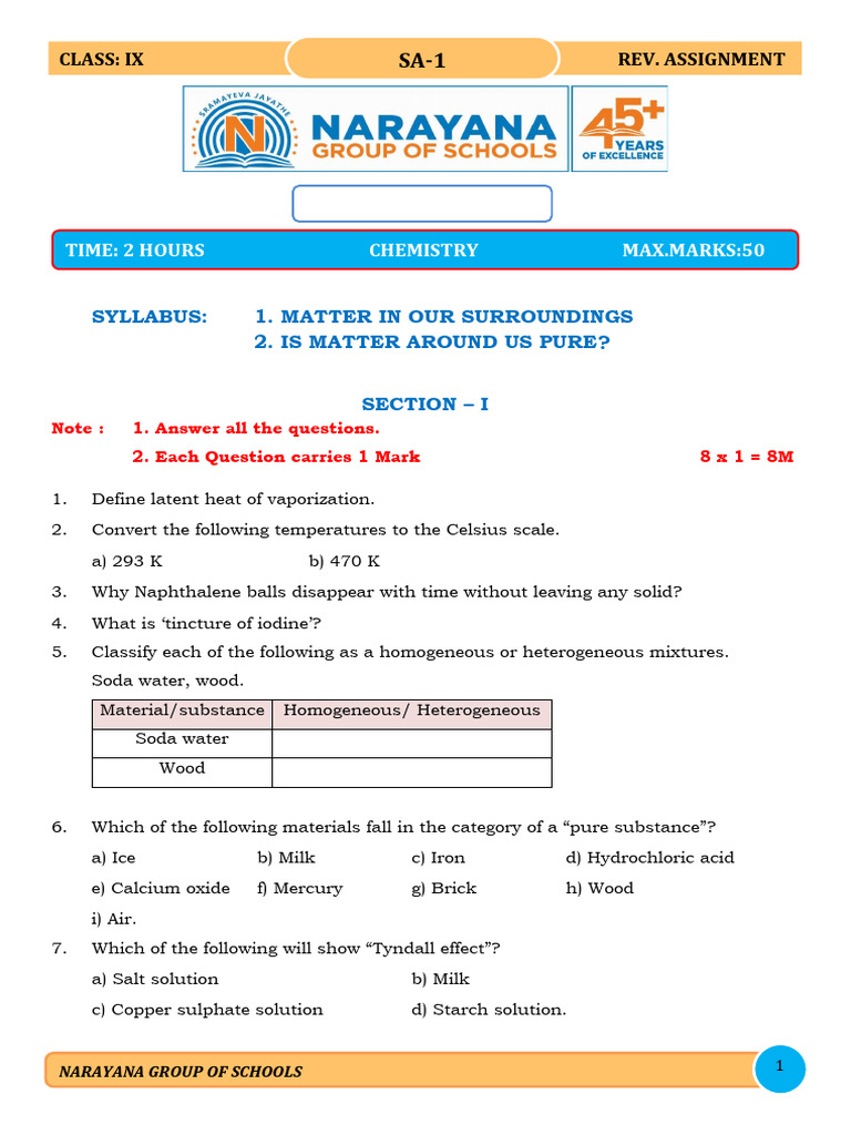 Class IX Chemistry Assignment SA-1 | PDF | Liquids | Colloid