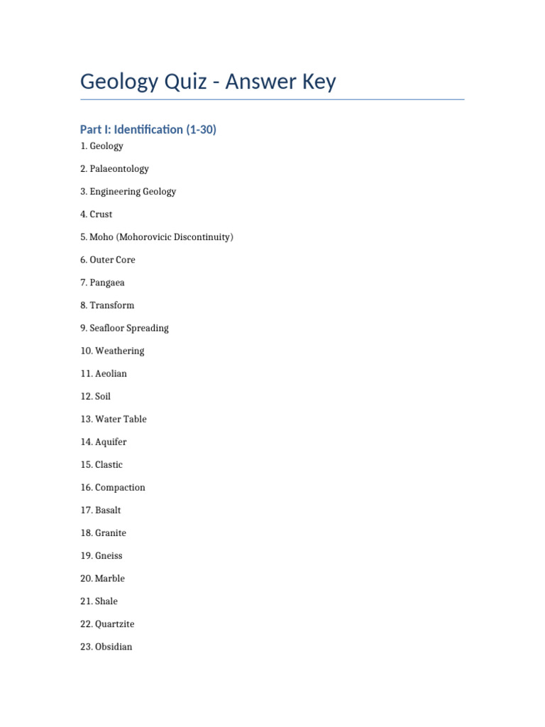 Geology Quiz Answer Key | PDF