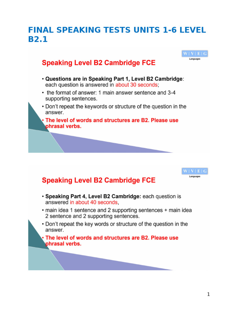 b2.1 Final Speaking Tests Units 1-6 | PDF