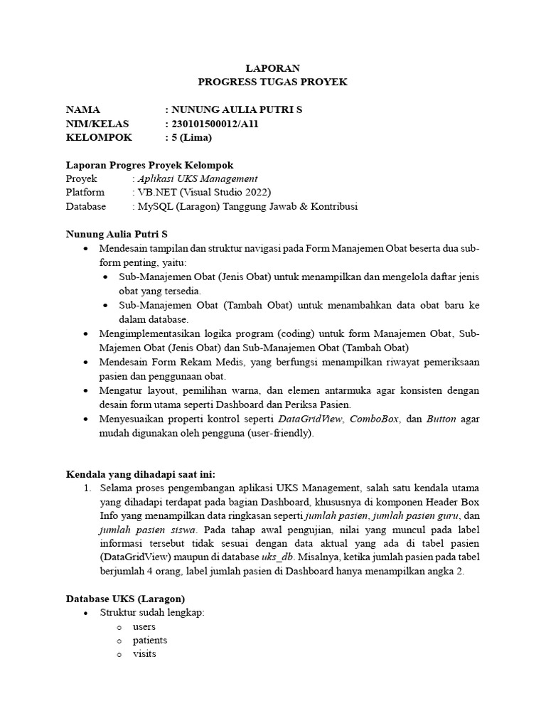 Laporan Progres Proyek Aplikasi UKS | PDF