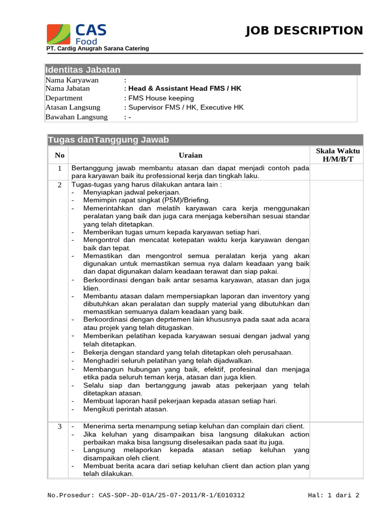 Deskripsi Pekerjaan Head FMS HK | PDF