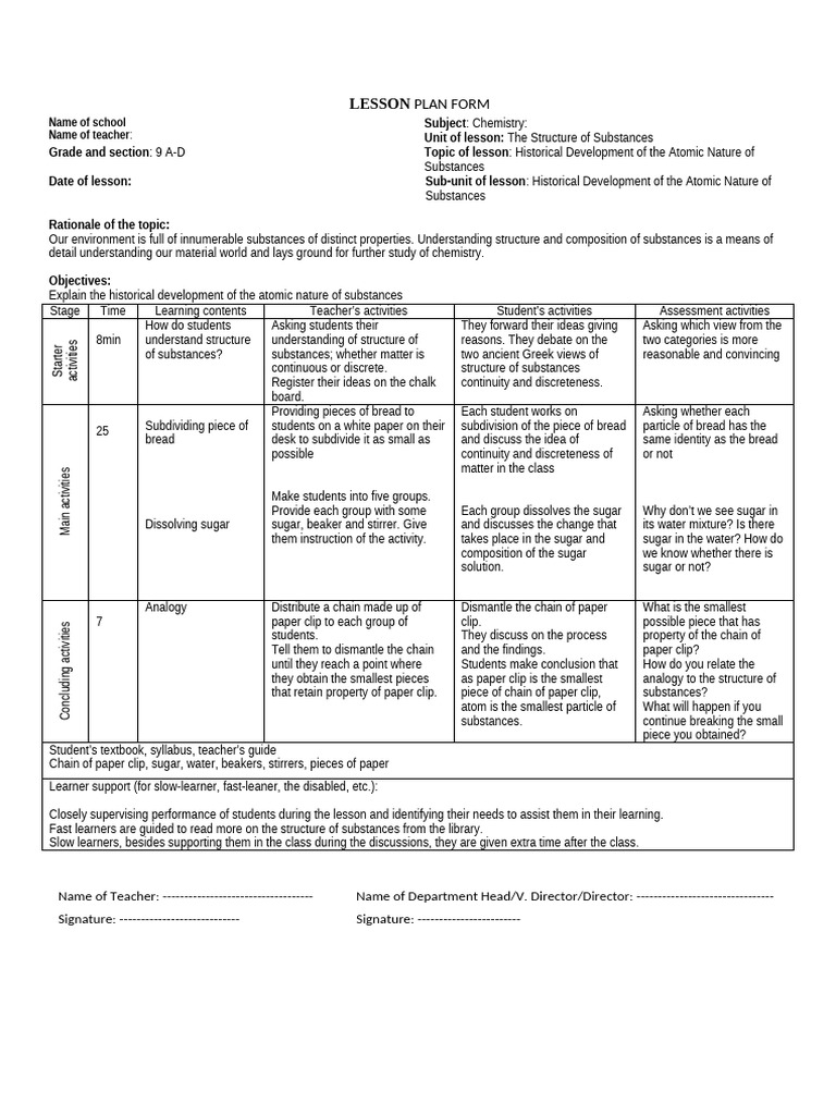 Daily Lesson Plan (Sample) 25aug22 | PDF | Matter | Chemistry