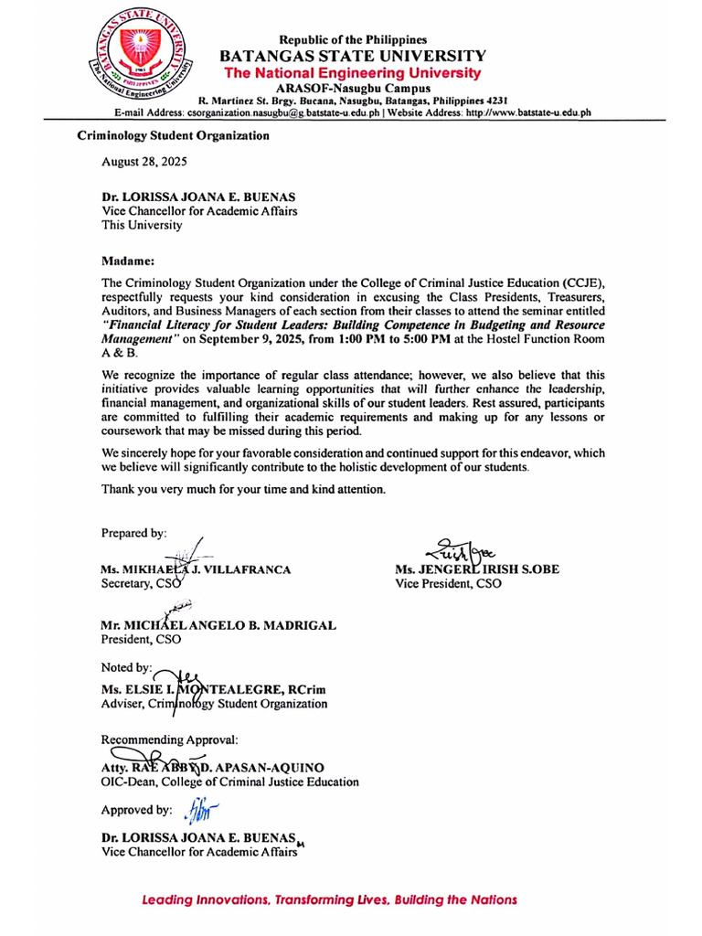 Financial Literacy Seminar Excuse Letter | PDF