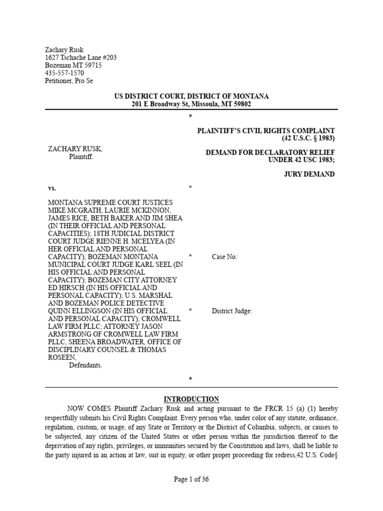 Civil Rights Complaint by Zachary Rusk | PDF | Justice | Crime & Violence