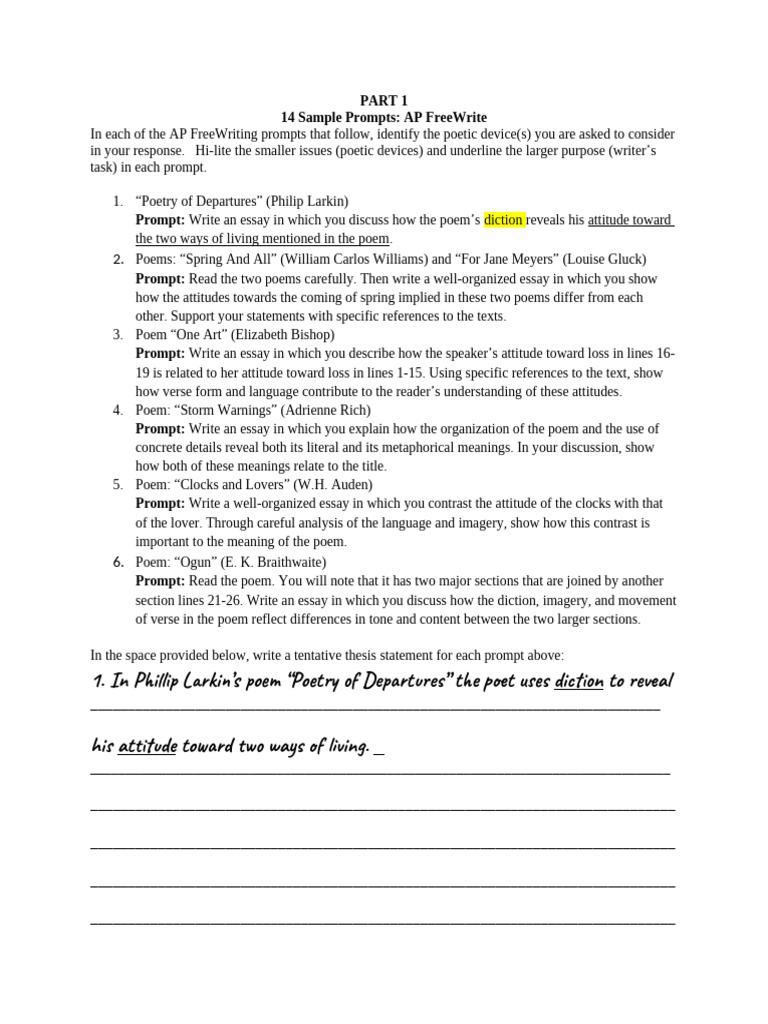 Tentative Thesis Practice With 14 Sample AP FreeWrite Prompts | PDF ...