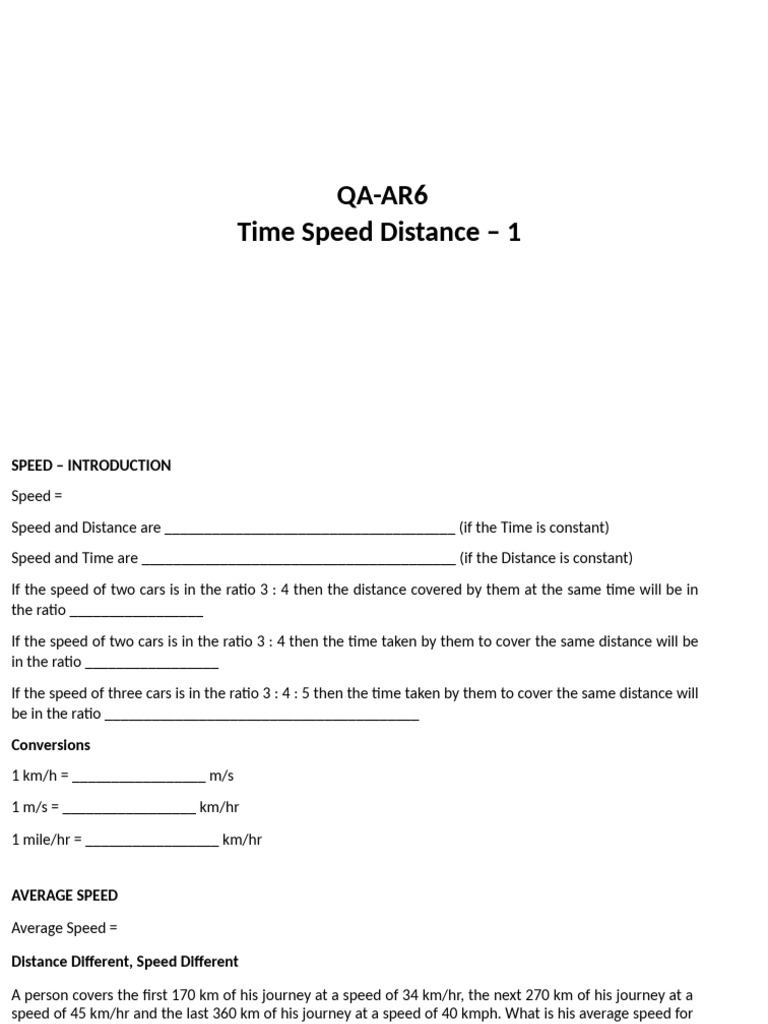 QA Time Speed Distance - 1 - Theory & Class | PDF | Speed | Velocity